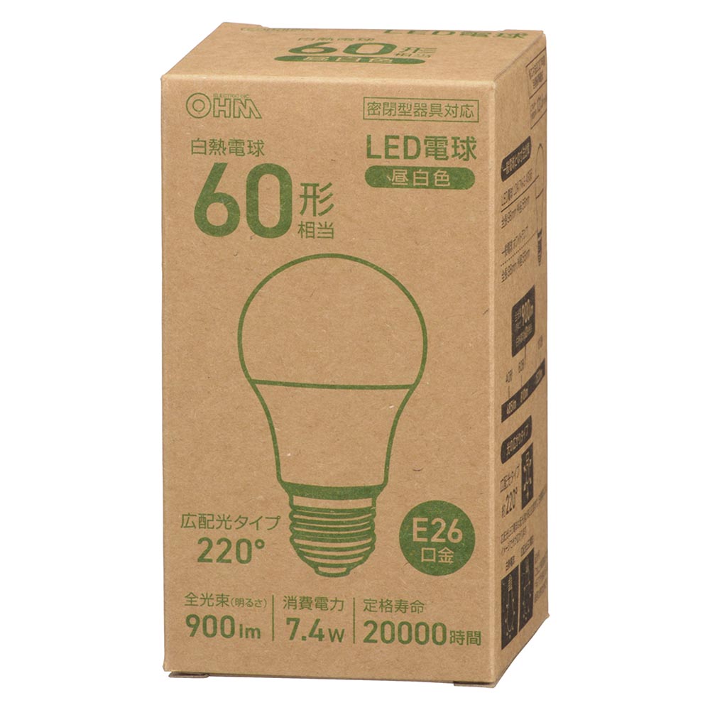 LED電球（60形相当/900lm/7.4W/昼白色/E26/広配光220°/密閉形器具対応） | 株式会社オーム電機 『会員専用 仕入サイト』